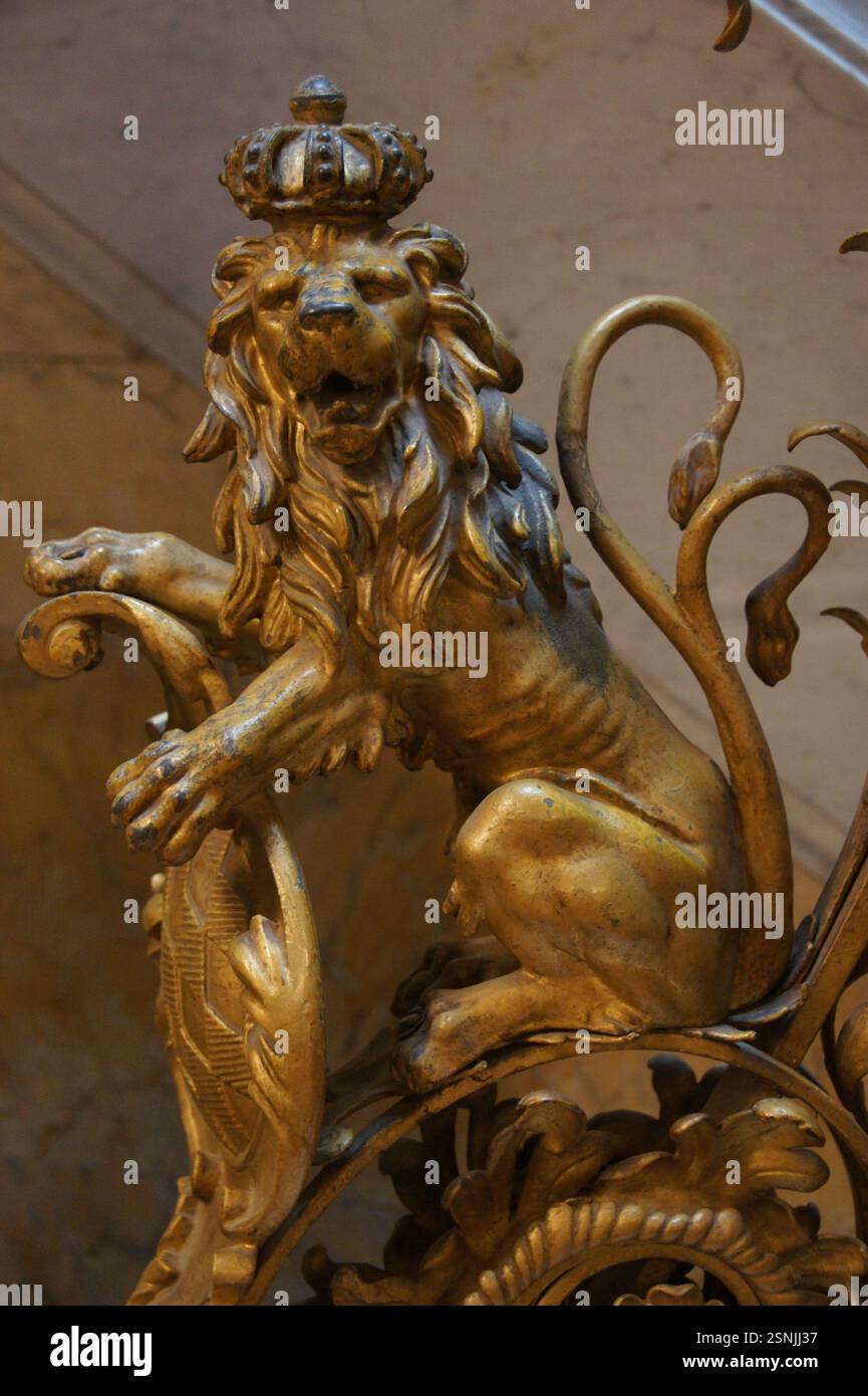 A majestic crowned lion stands guard in Munich, Germany. The statue, a ...