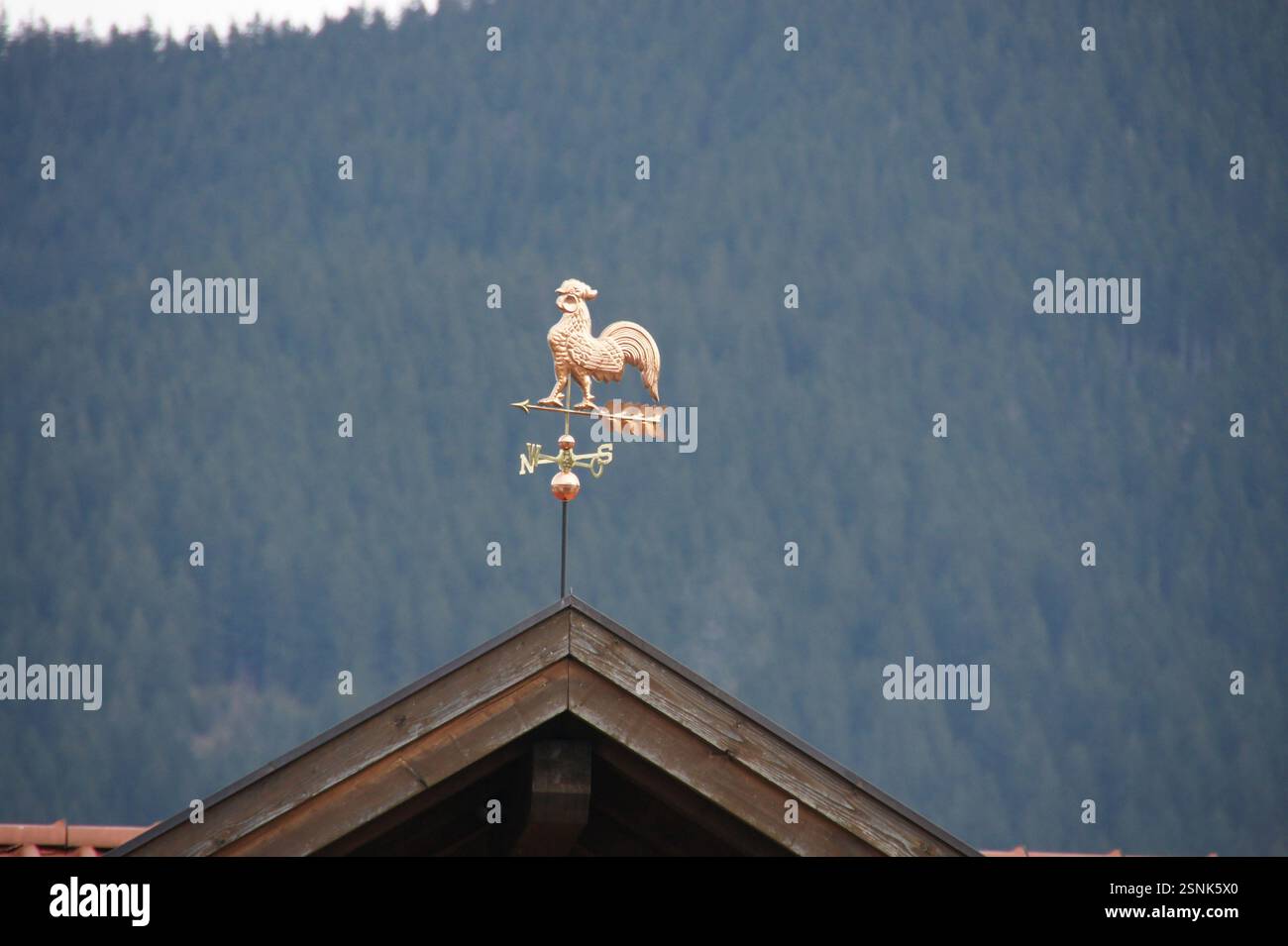 A rooster weather vane sits atop a wooden shingled roof in Germany ...