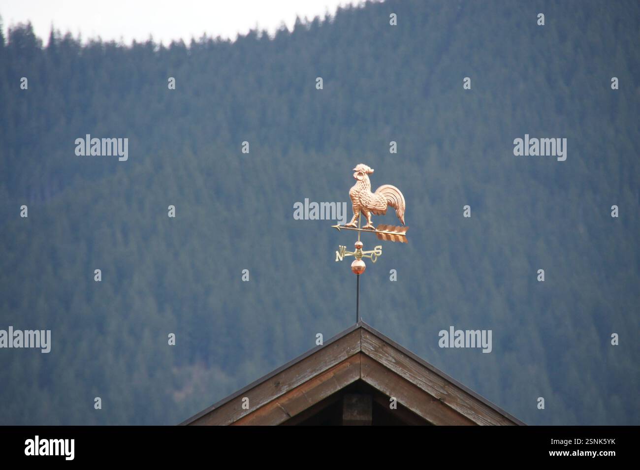 A weathervane with a rooster sits atop a wooden roof in Germany, Munich ...