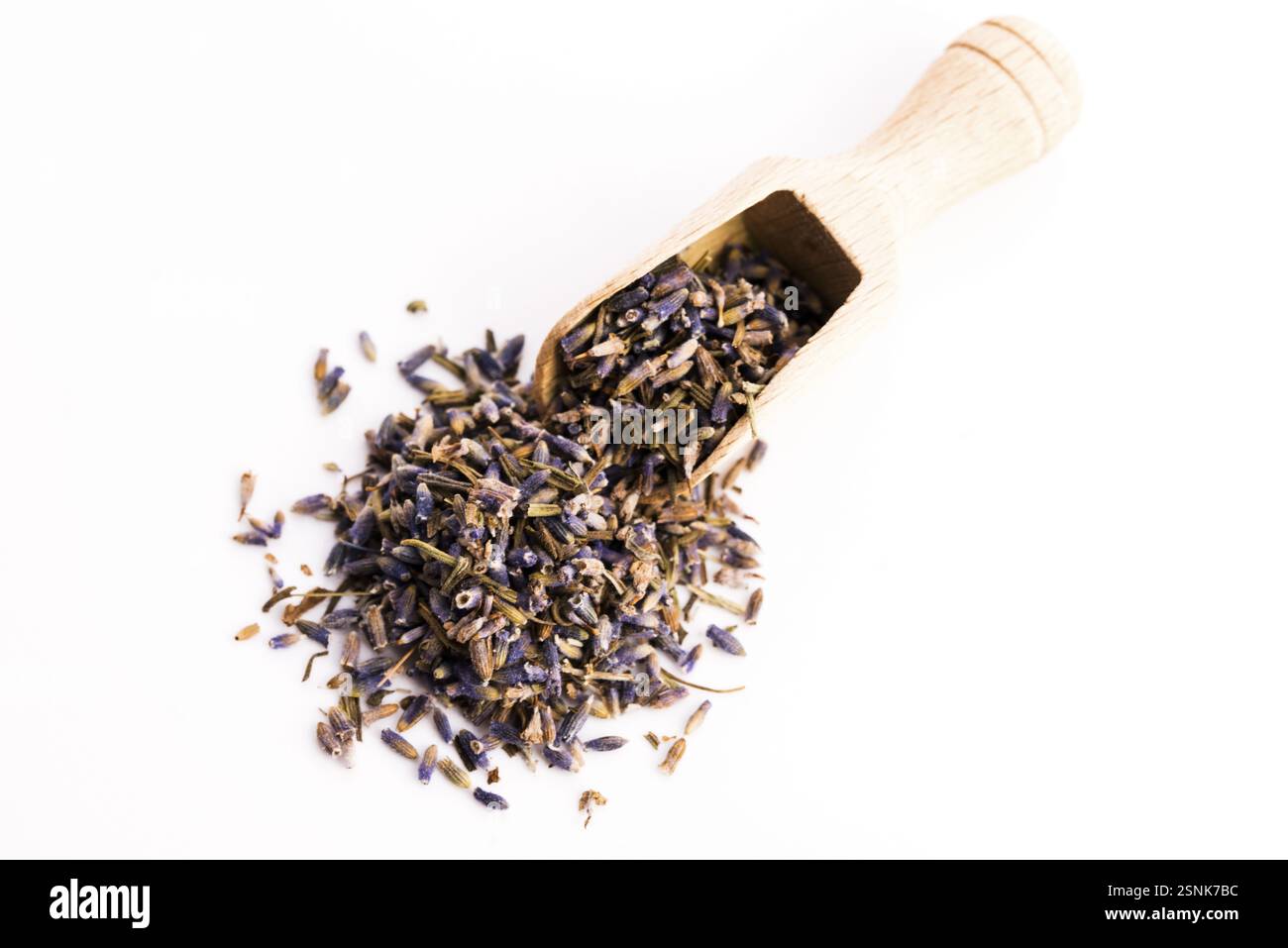 Lavender herb bud flower tea bunch surface top view in front of white ...
