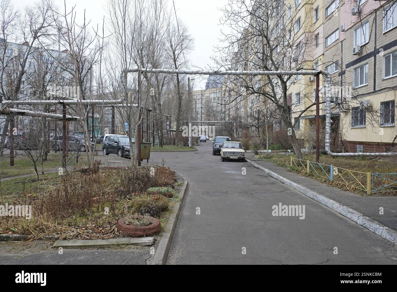 Heating pipes provisionally installed in the backyard of the destroyed ...