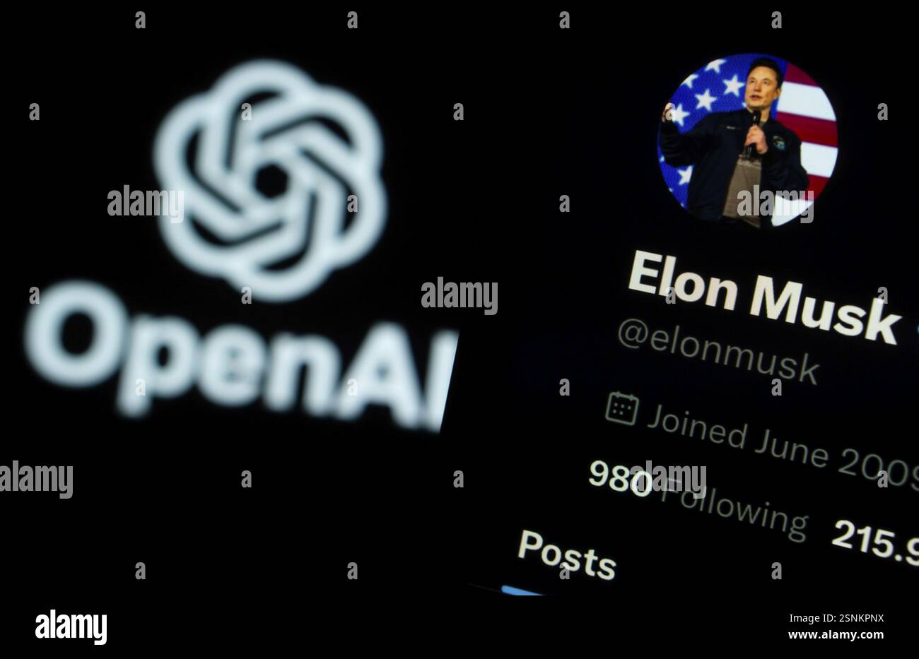 Elon Musk's X account on the iPad, while OpenAI's logo glow softly in ...