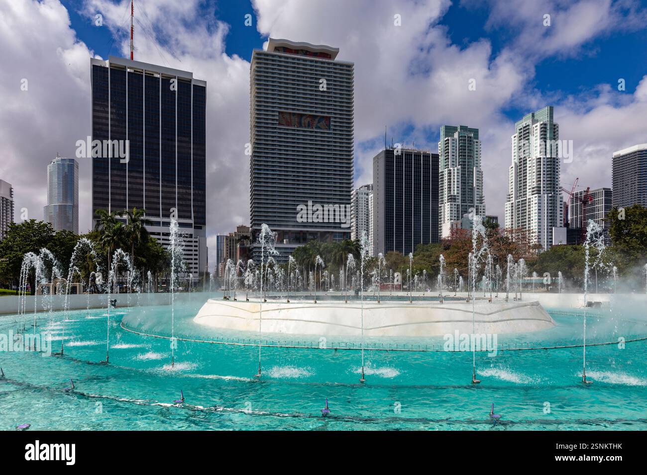 The Bayfront Park fountain in downtown Miami, with its turquoise waters ...