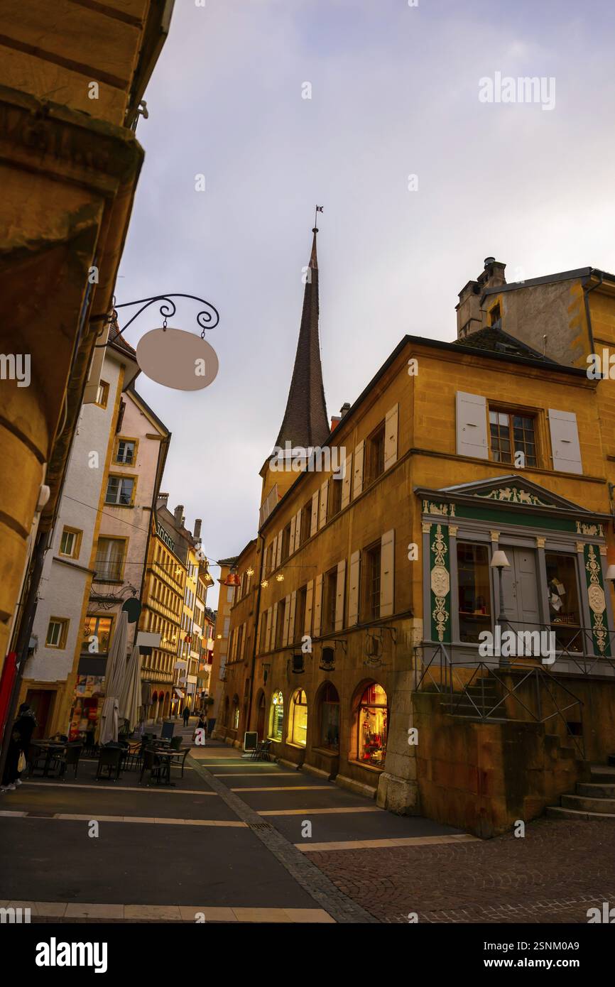 Shopping Street in Old Town with House and Window and Tower in Dusk in ...