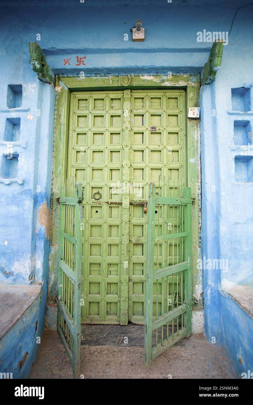 Green door and blue wall in traditional Bungalow house, Village Delwada ...