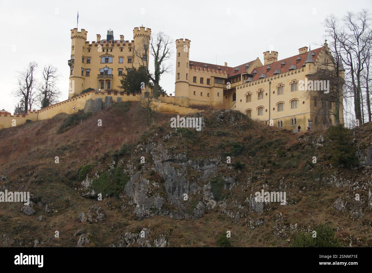 Germany, Munich. Two castles stand on separate hills, a vast forest ...