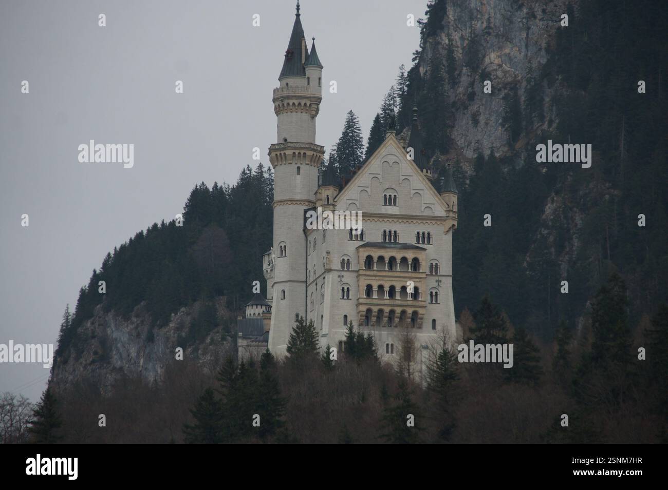 Neuschwanstein Castle, a famous Bavarian castle, sits on a mountaintop ...