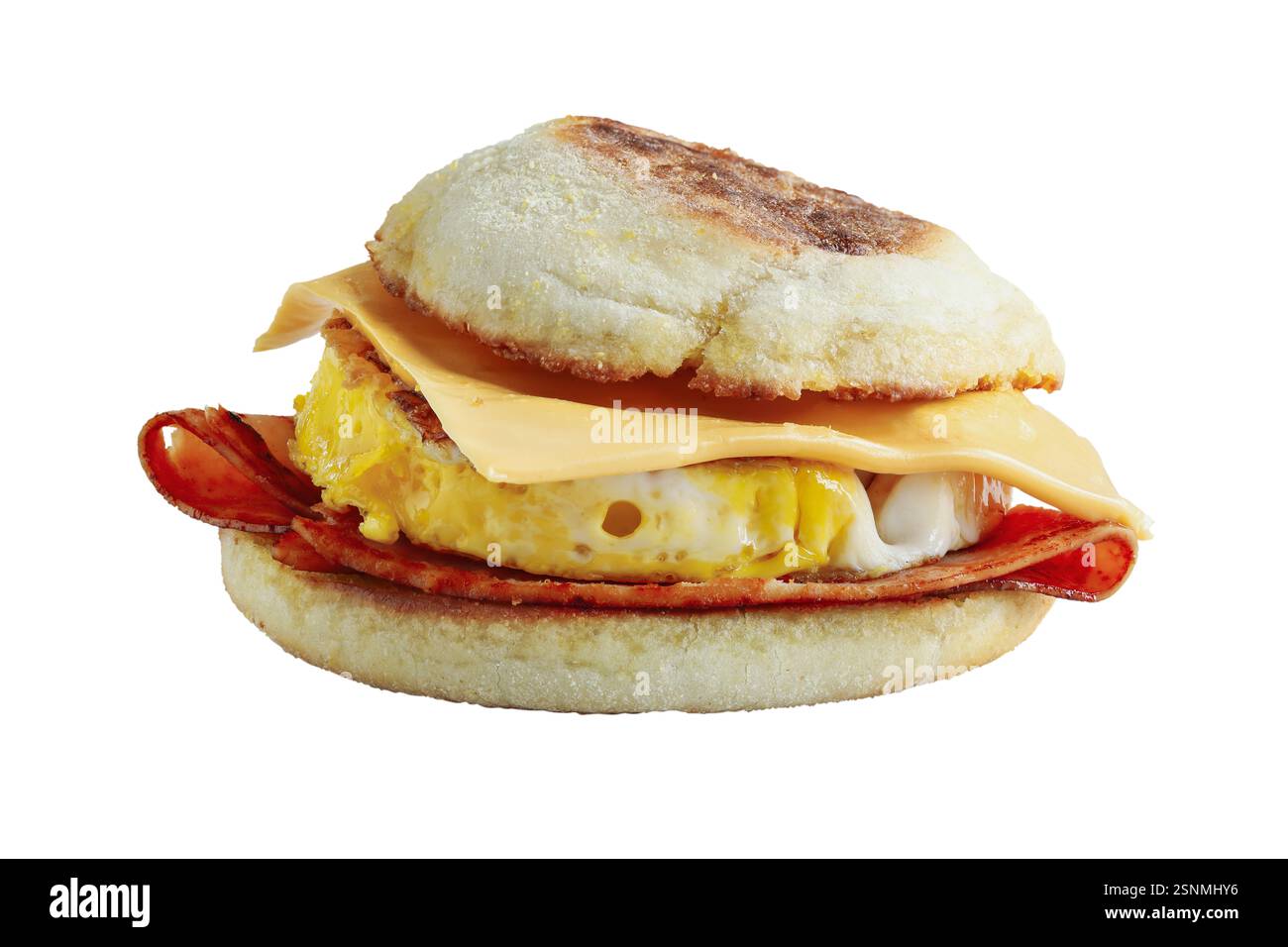 Egg, ham and cheese breakfast sandwich on toasted English muffins ...