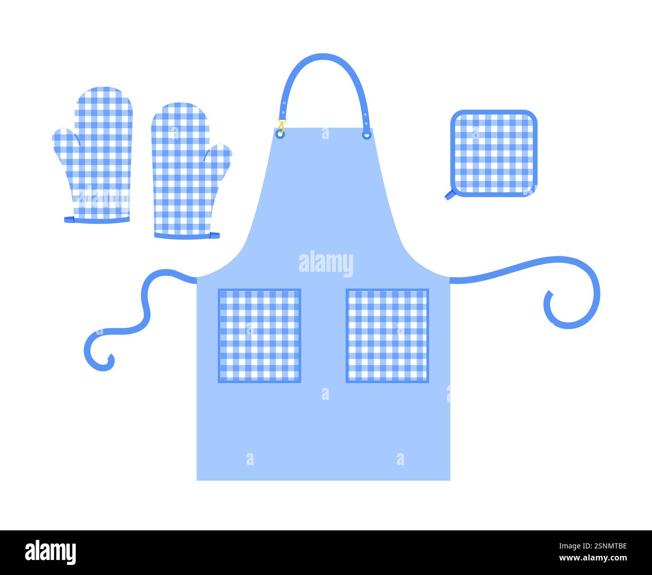 Set of Aprons, Oven Gloves and potholder kitchen blue cartoon flat ...
