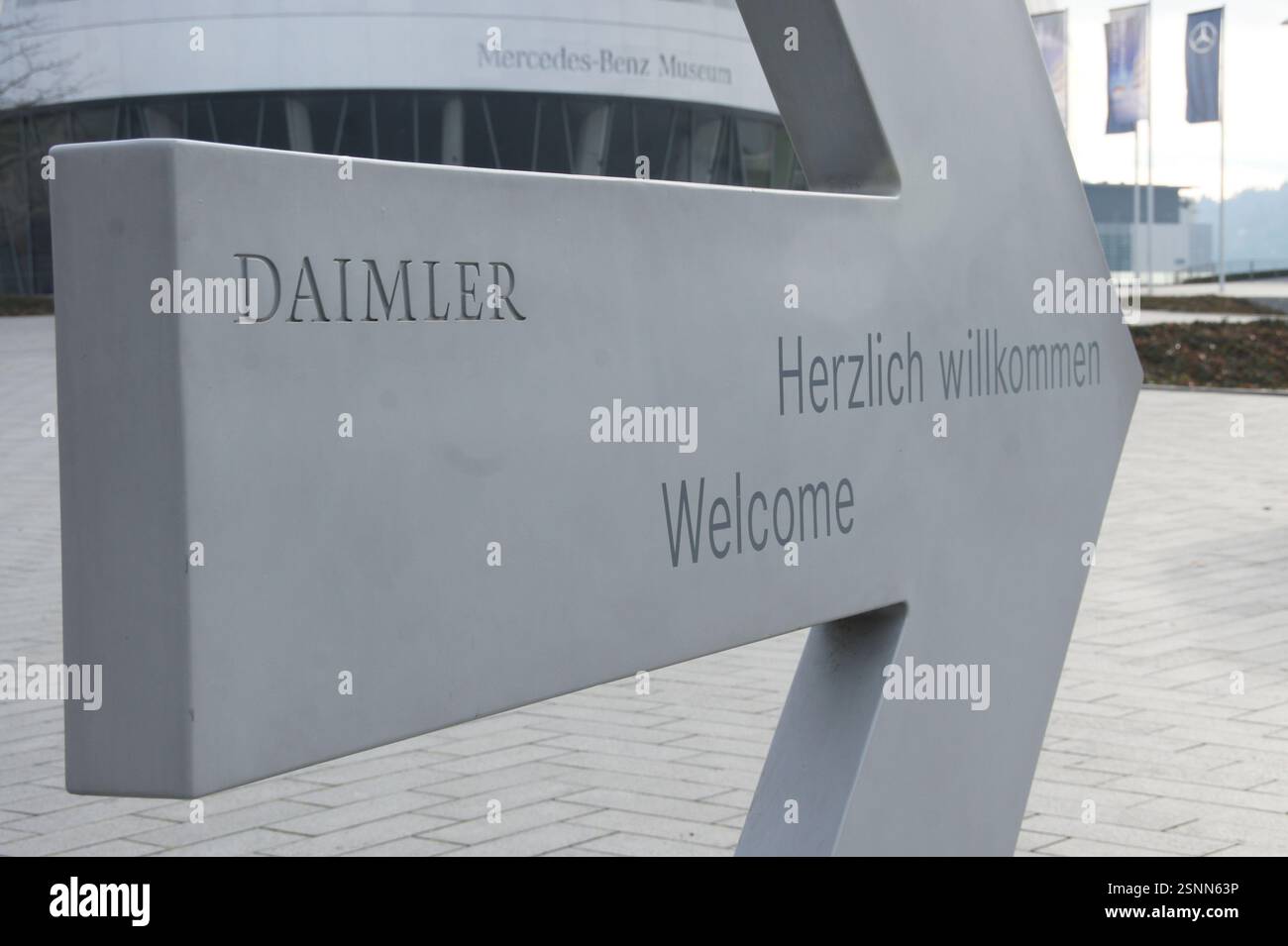 A large sign welcomes visitors to the Mercedes-Benz Museum in Stuttgart ...