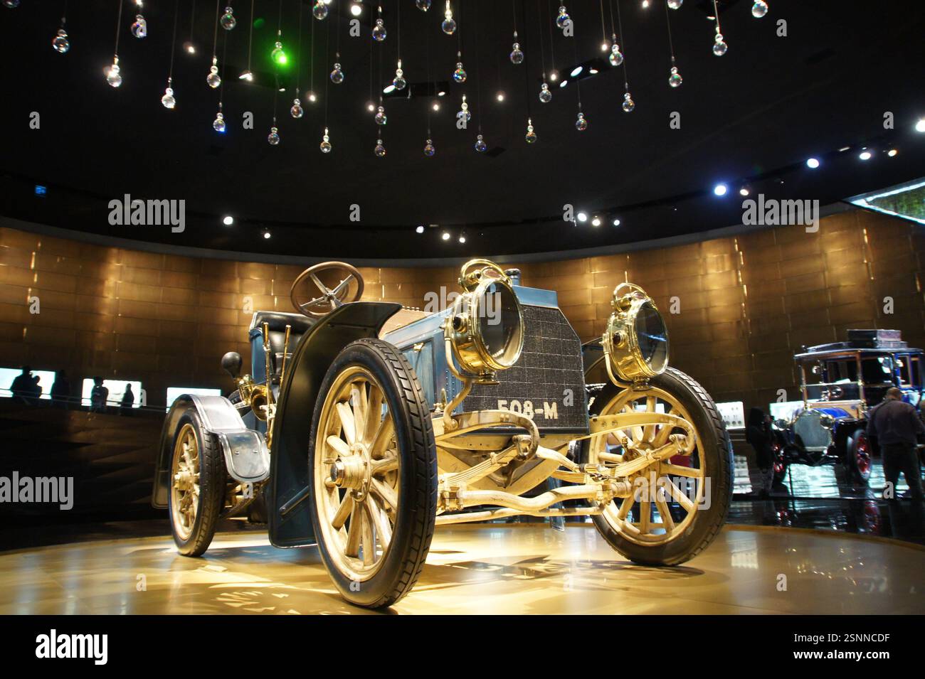 Germany, Munich. A classic Mercedes-Benz Simplex gleams in blue and ...