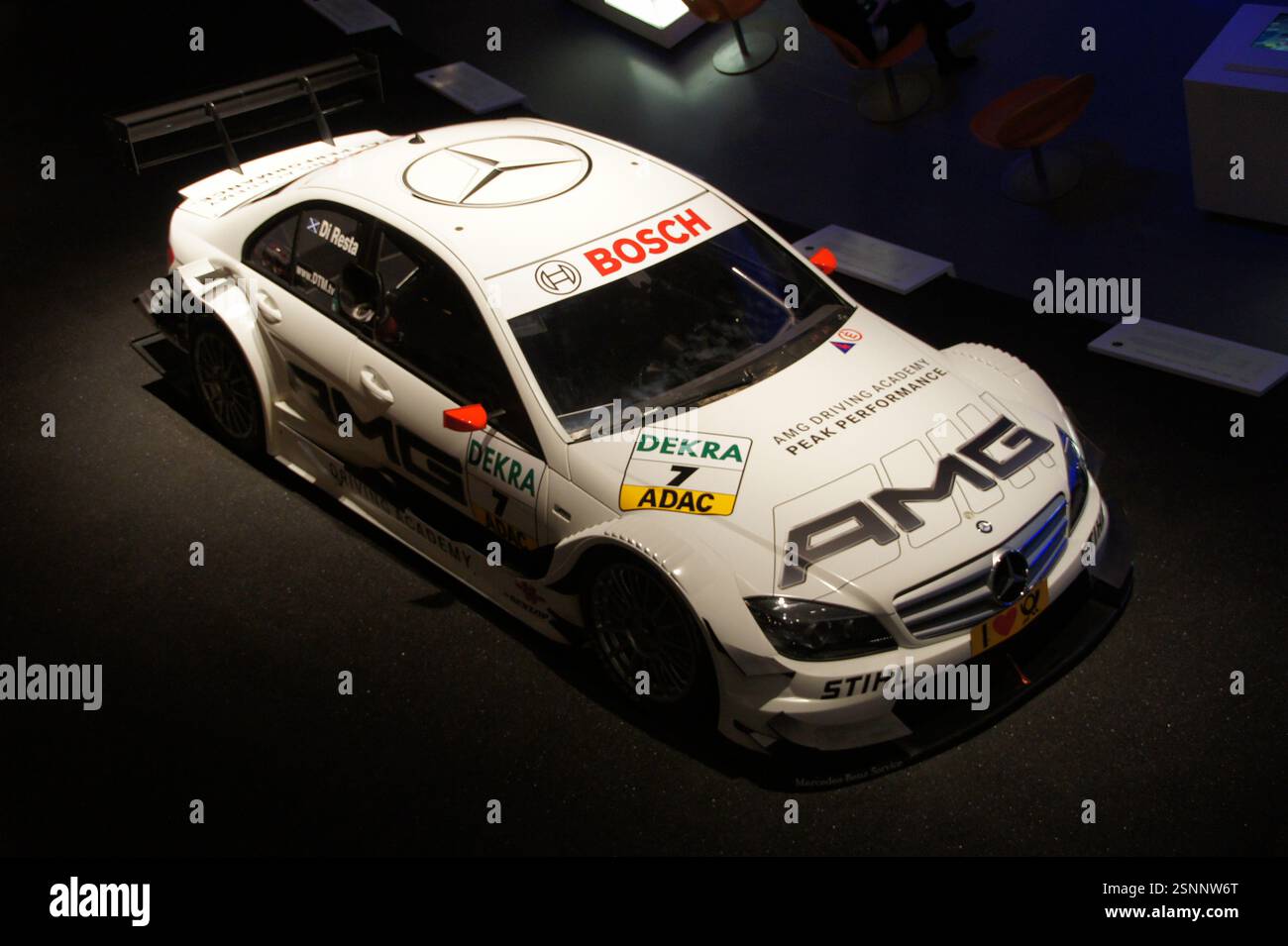 Germany, Munich. A white Mercedes-Benz C-Class DTM race car with red ...