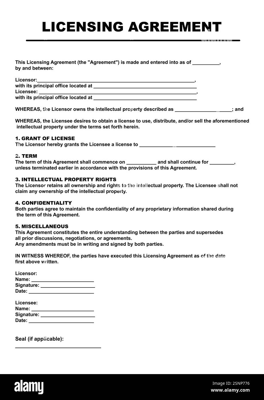 Licensing agreement document. Text on white background Stock Photo - Alamy