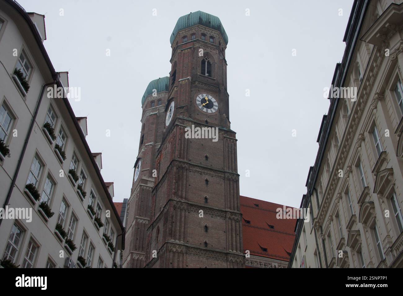 Frauenkirche, Munich, Germany. Twin towers with emerald green domes and ...