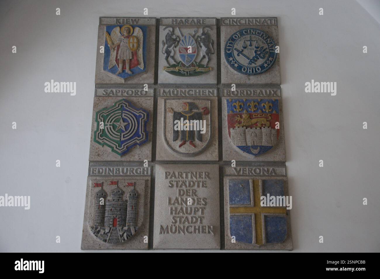 A collection of nine ceramic plaques in Munich, Germany, depicts the ...