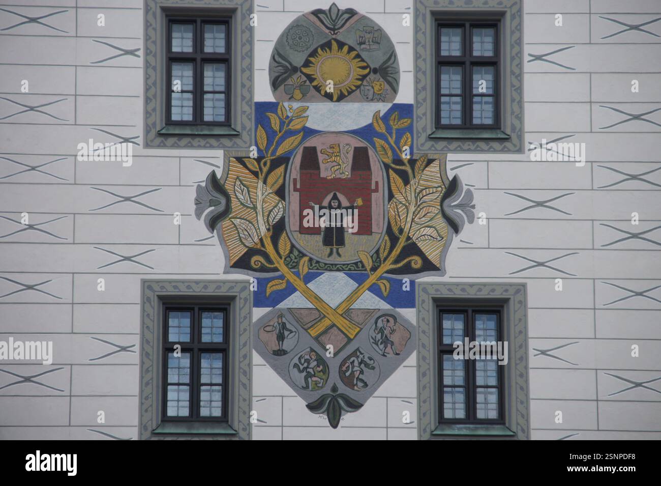 Germany, Munich. Wall painting on the Old Town Hall tower depicts the ...