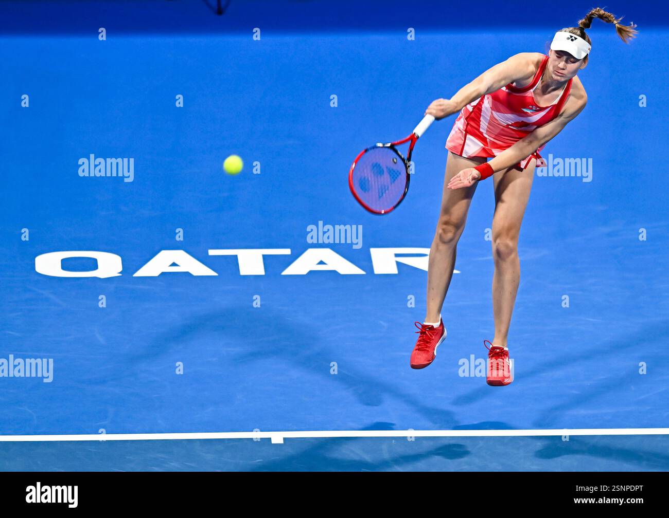 Doha, Qatar. 13th Feb, 2025. Elena Rybakina of Kazakhstan serves during ...