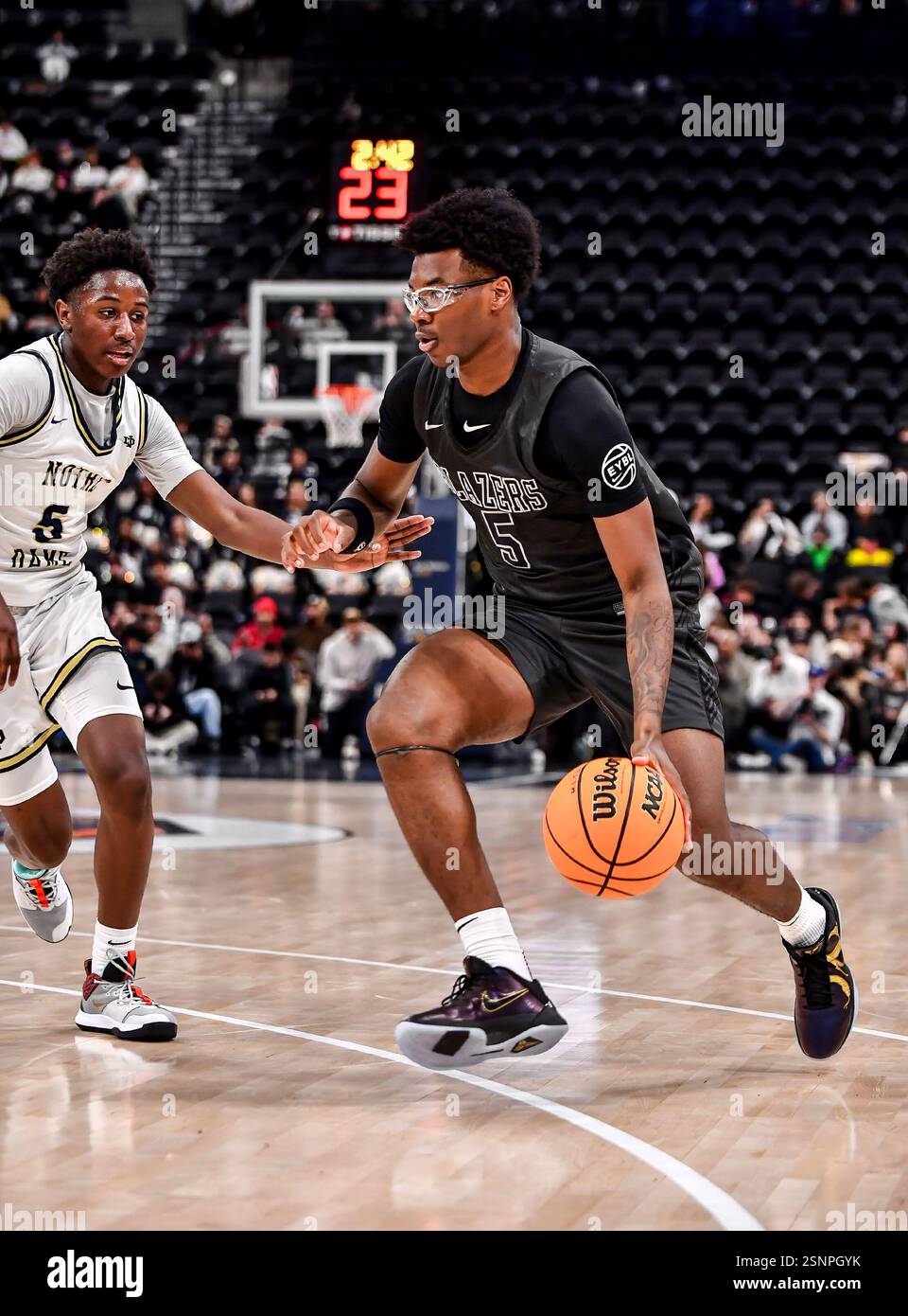 Inglewood, CA. 1st Feb, 2025. Bryce James (5) of Sierra Canyon moves ...