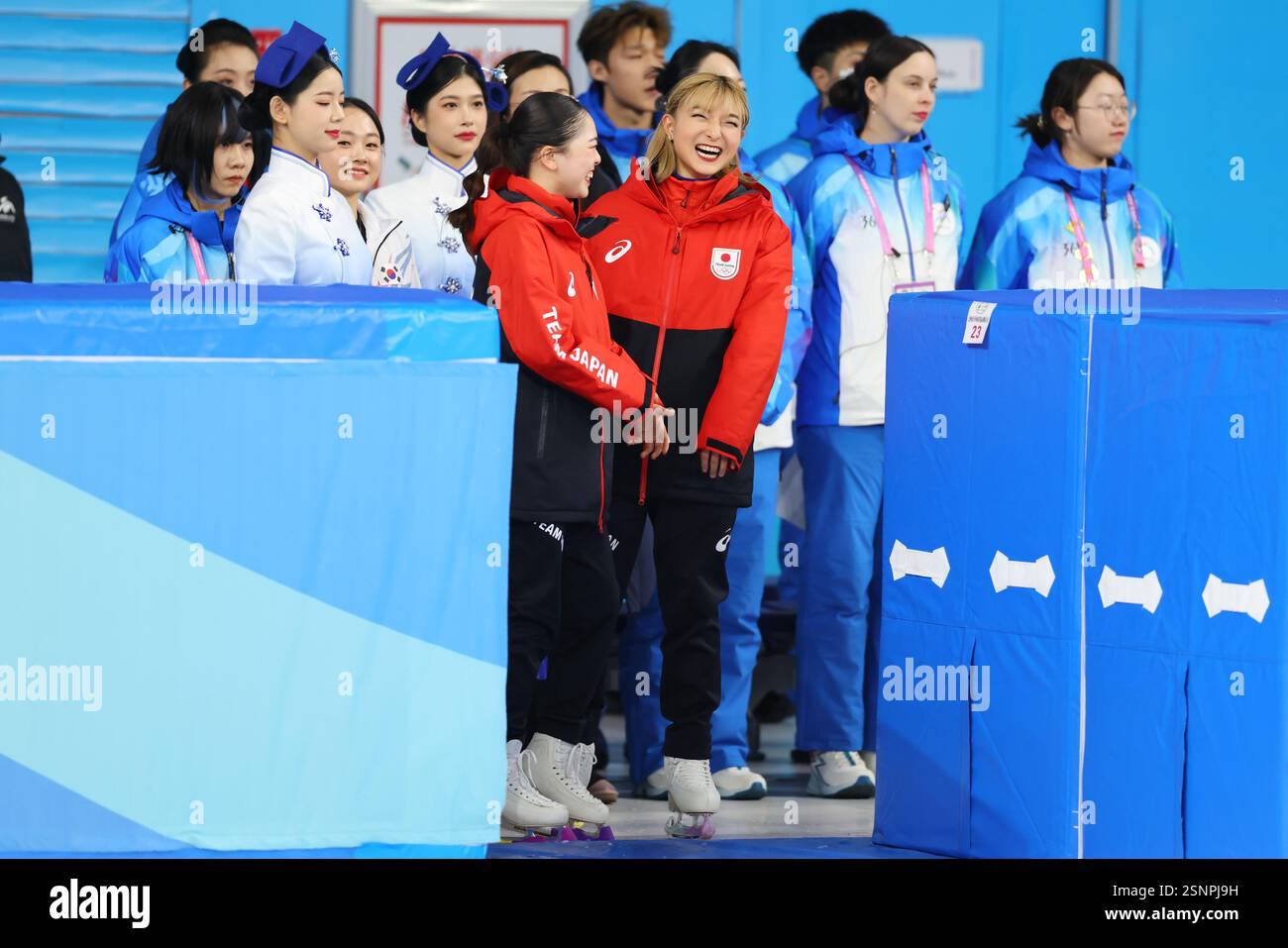 Harbin, China. 13th Feb, 2025. (L to R) Hana Yoshida, Kaori Sakamoto ...