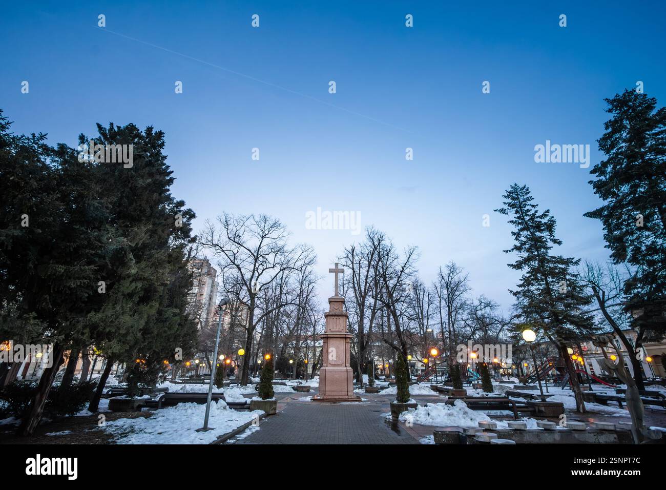 Calvary and a Catholic cross stand at Trg Kralja Petra I, the main ...