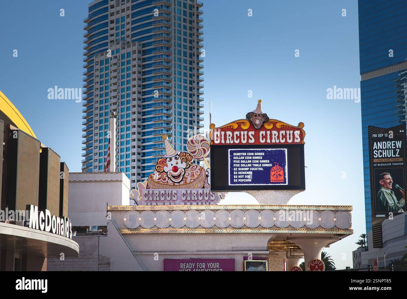 LAS VEGAS, AUGUST 18, 2024: The Circus Circus clown marquee welcomes ...
