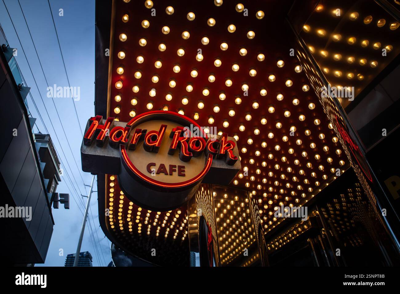 LAS VEGAS, AUGUST 18, 2024: The illuminated Hard Rock Cafe logo in las ...