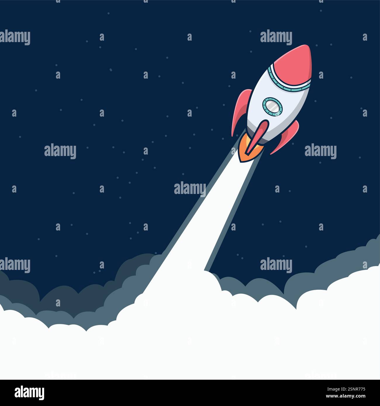 Rocket ship flies up with sky clouds on blue background. Flat icon ...