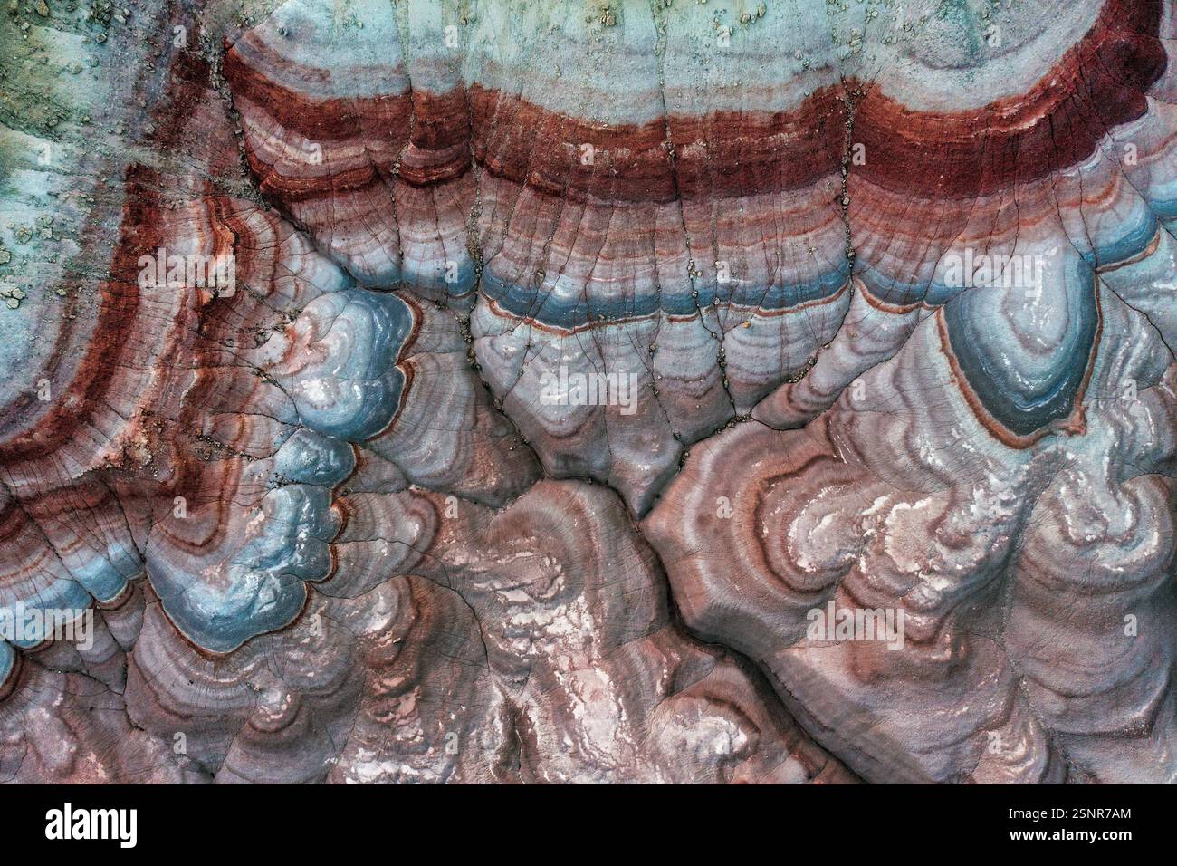 Aerial view of the Bentonite Hills after sunset showing the multi ...