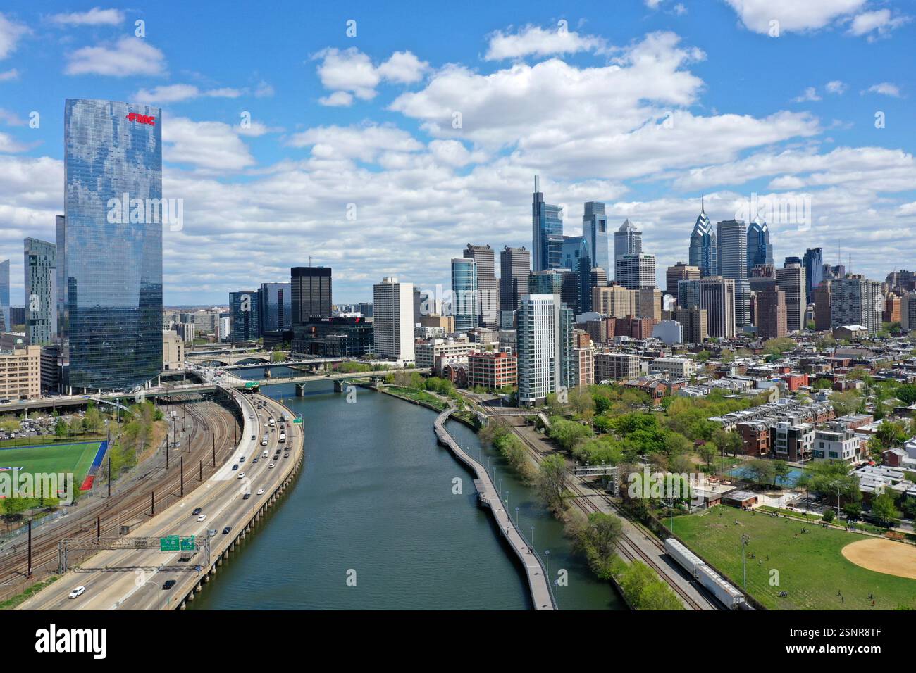 Aerial view of downtown Philadelphia skyine and the Schuylkill River ...