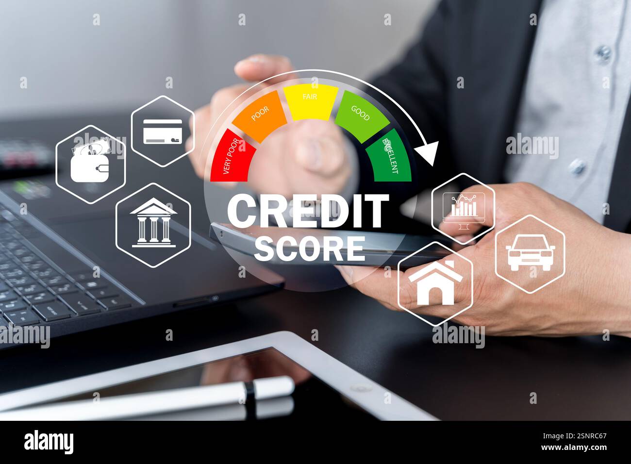 Credit score concept, Person use smartphone with virtual credit score ...