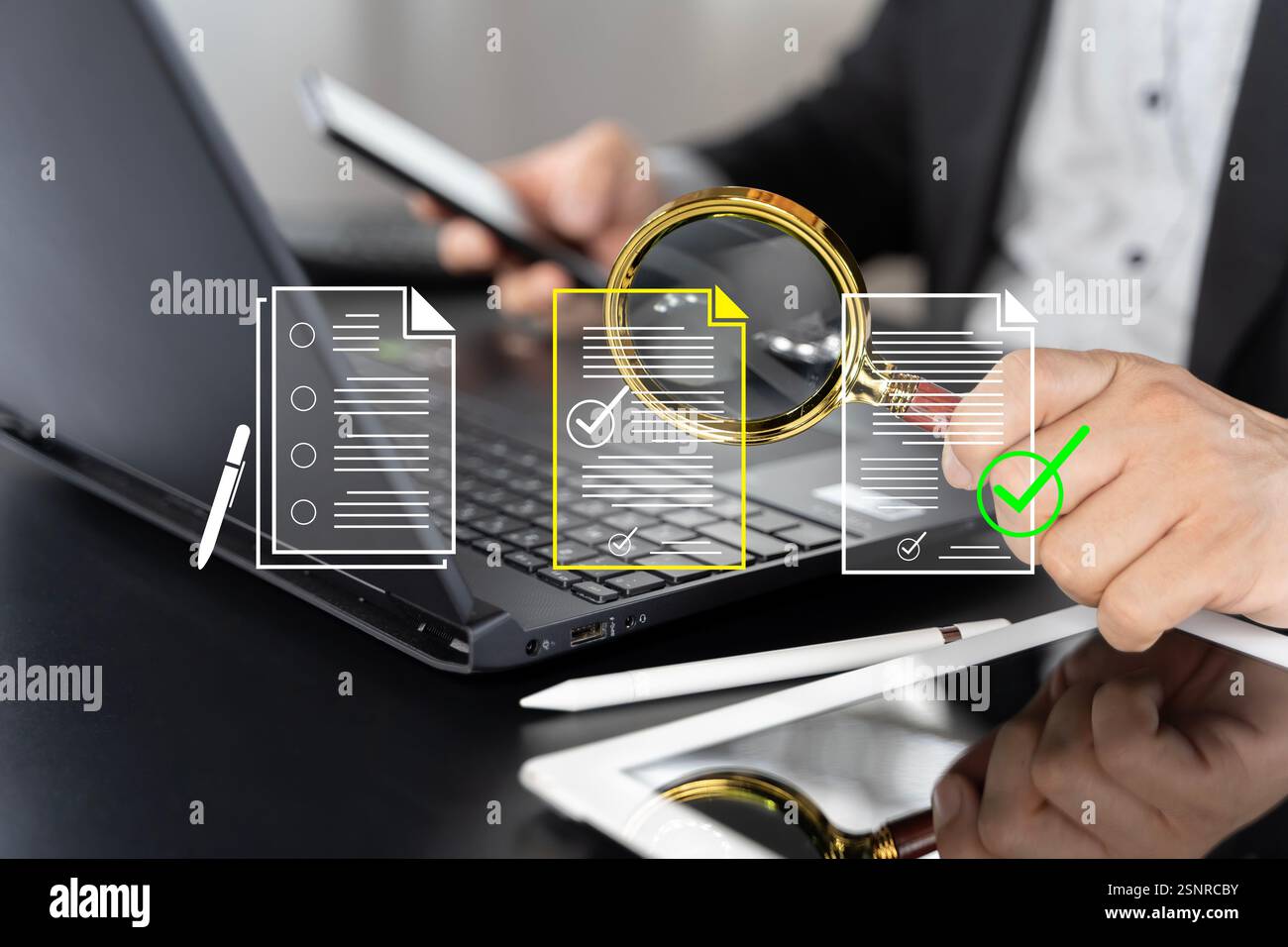 Electronic document check and data information searching online, files manager concept. Yellow ...