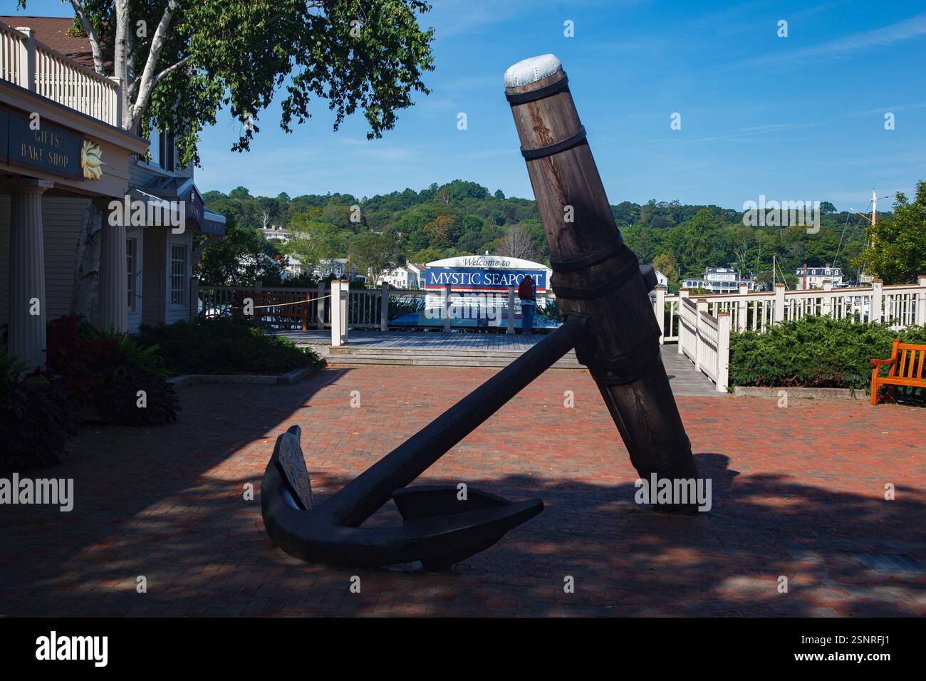 The Mystic Seaport museum historic wood house and a boat anchor ...