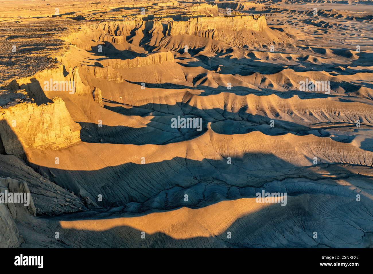 Aerial view of the ridges and canyons at Moonscape Overlook just after ...