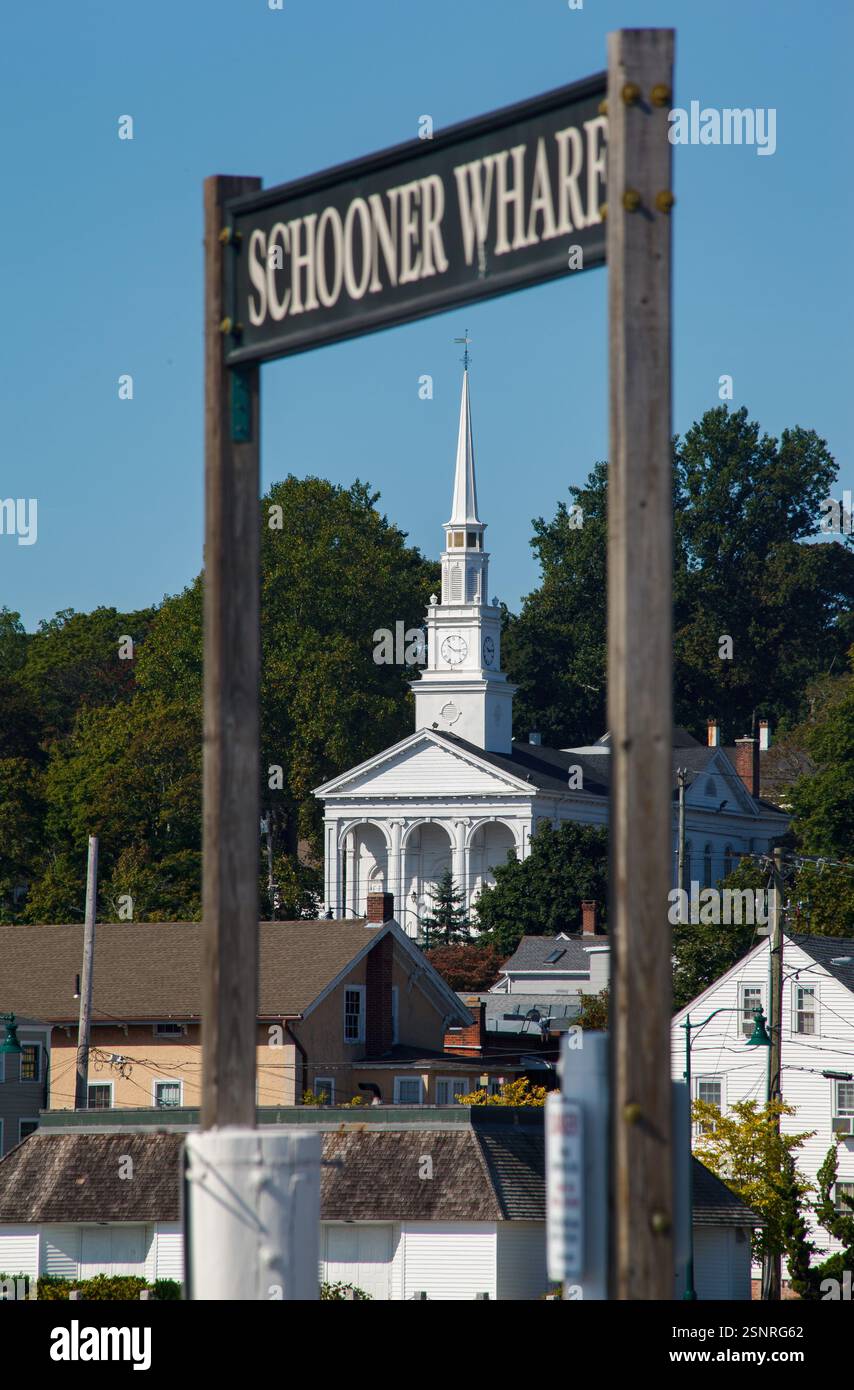 The Schooner Wharf framing a church and the Scenic view of Mystic ...
