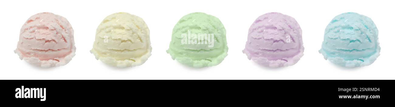 Tasty ice-cream, scoops of different flavors on white background, set ...