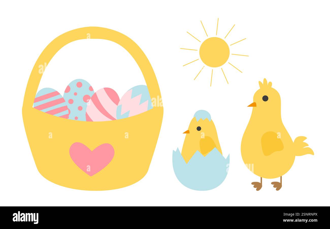 Flat cartoon illustration of a yellow chick and a hatching baby chick ...