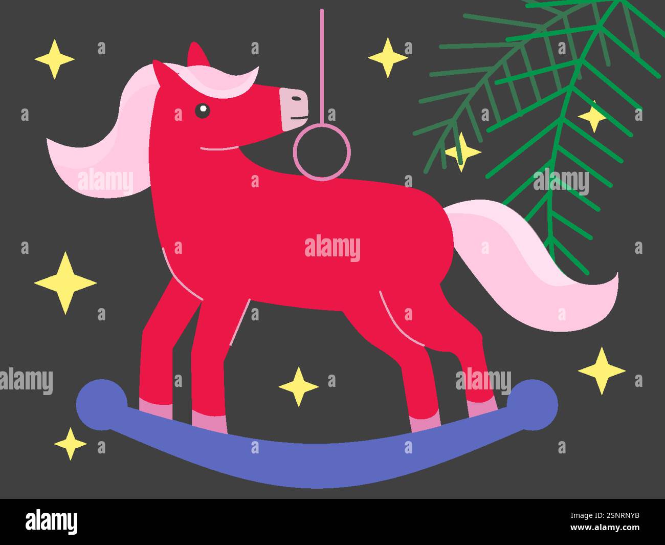 Flat cartoon illustration red rocking horse with pink mane, decorated ...