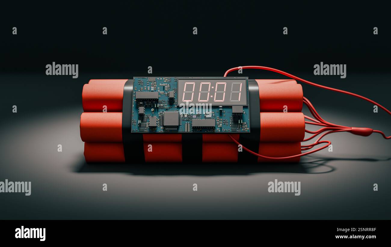 A clock attached to a red stick of dynamite.3d rendering Stock Photo ...