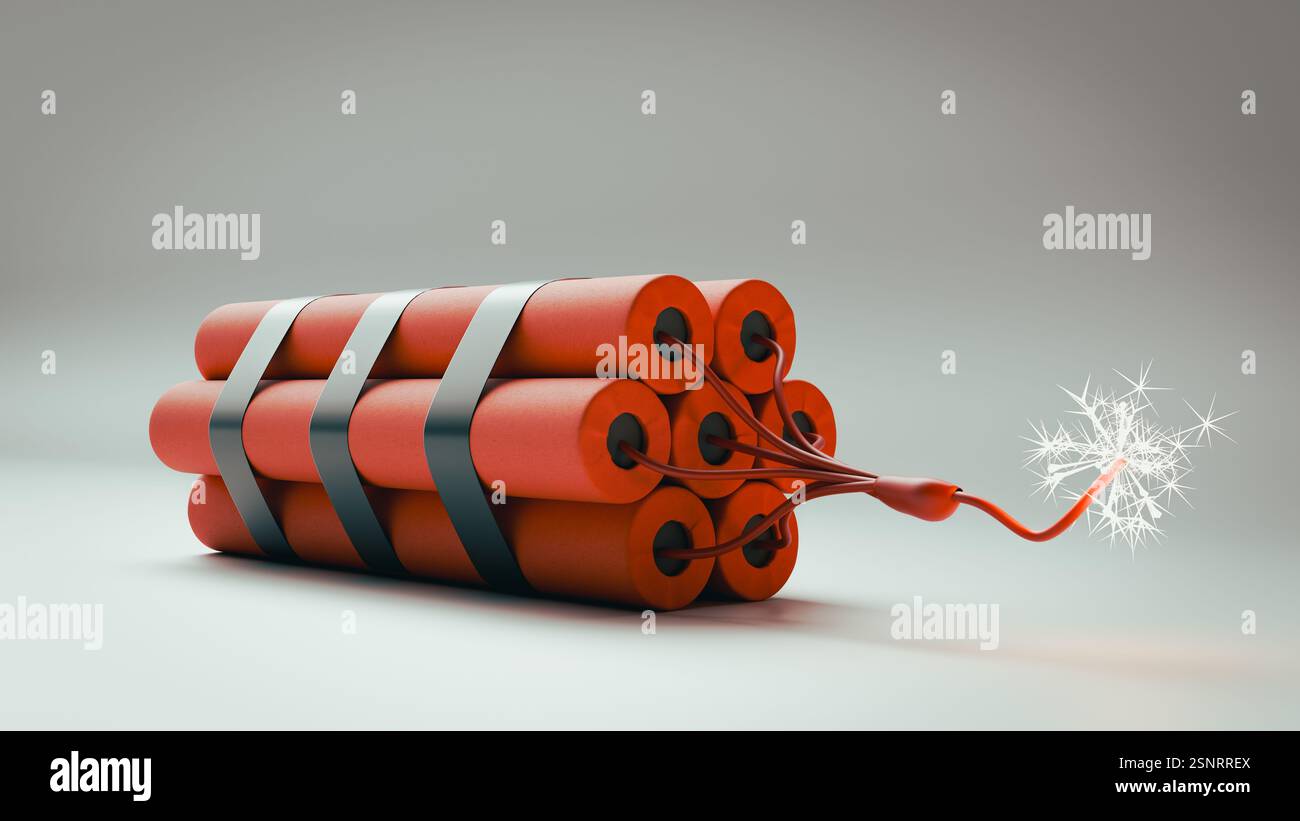 The fuse of the red dynamite is lit and burning. 3d rendering Stock ...