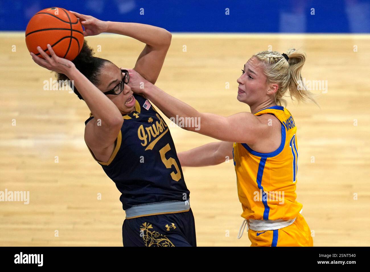 Notre Dame's Olivia Miles (5) is defended by Pittsburgh's Marley ...