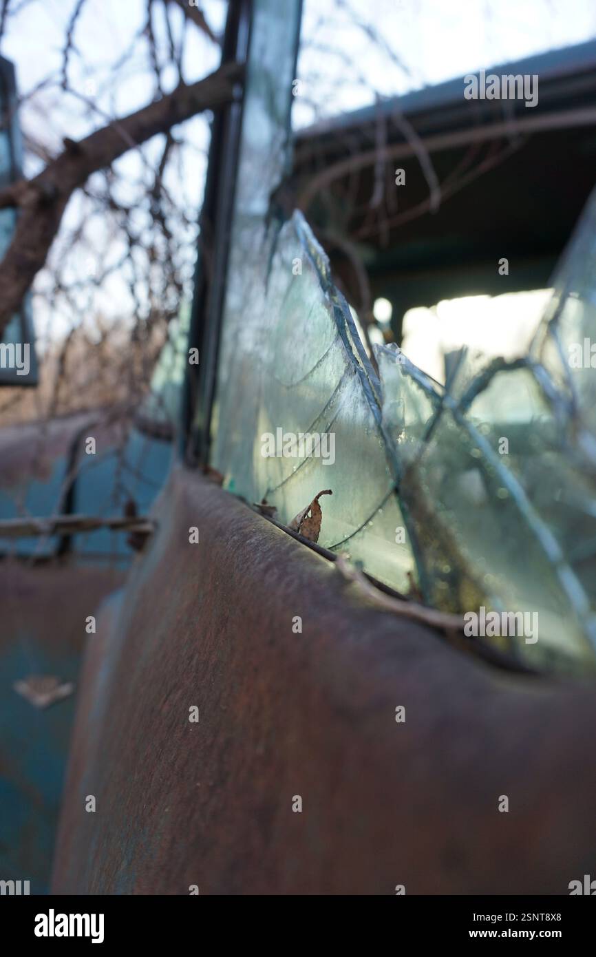 broken window on an abandoned international truck in the woods Stock ...