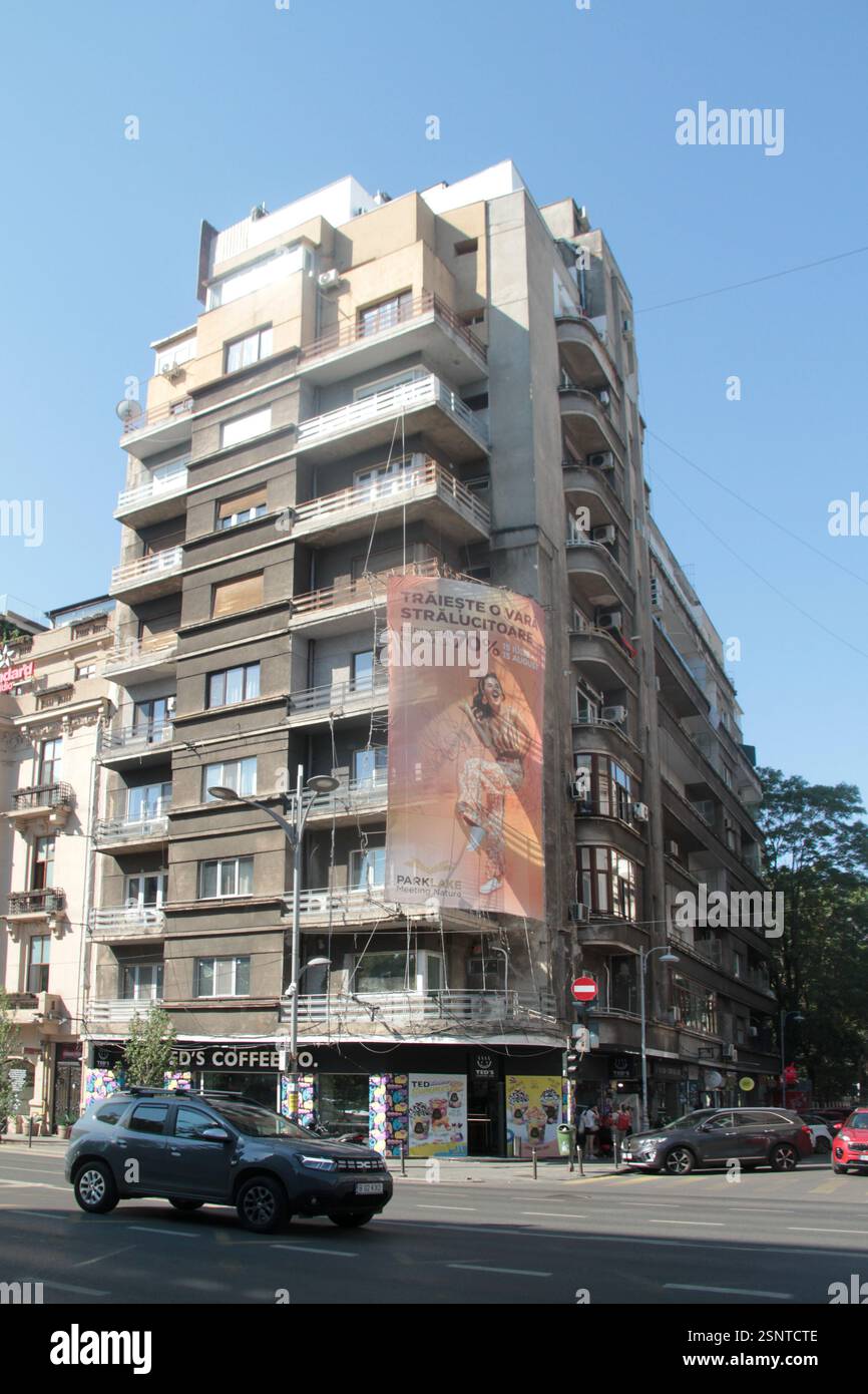 Exterior view of an apartment building in downtown Bucharest, Romania ...