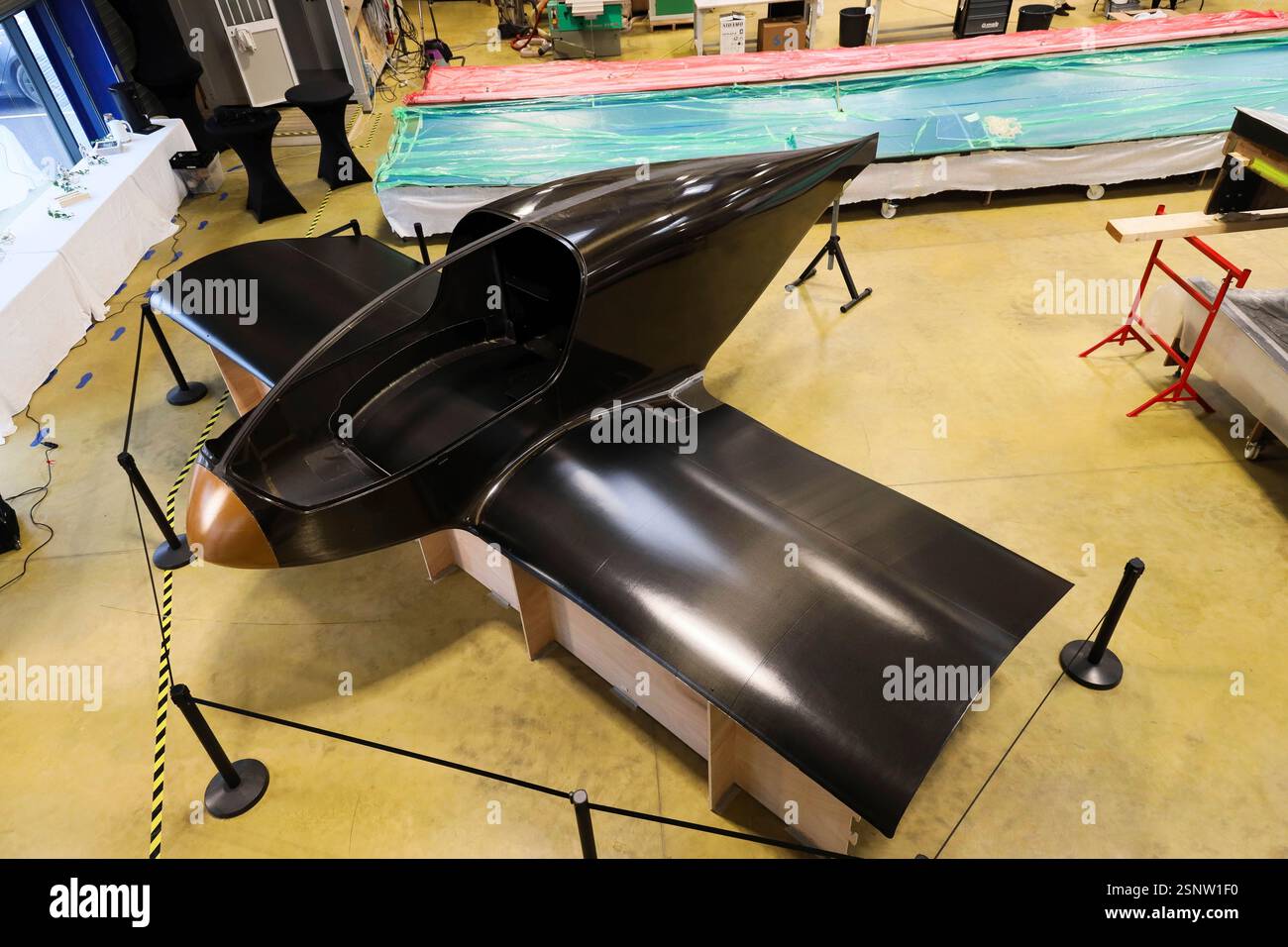 The Climate Impulse, a plane powered by liquid hydrogen, is displayed ...