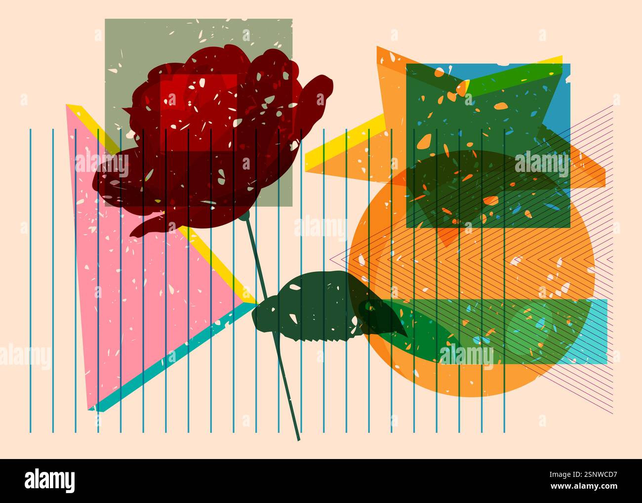 Risograph Rose with geometric shapes. Objects in trendy riso graph ...