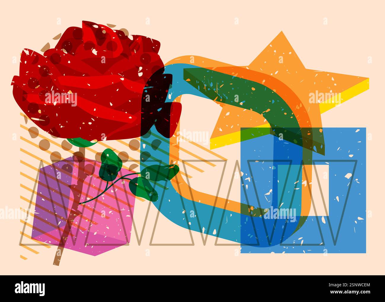 Risograph Rose with geometric shapes. Objects in trendy riso graph ...