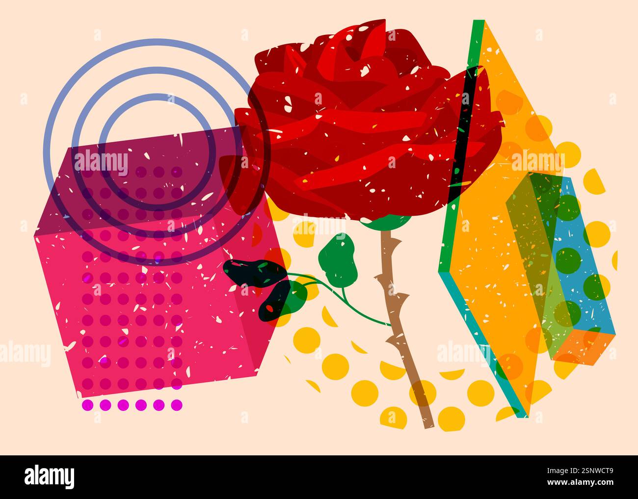Risograph Rose with geometric shapes. Objects in trendy riso graph ...