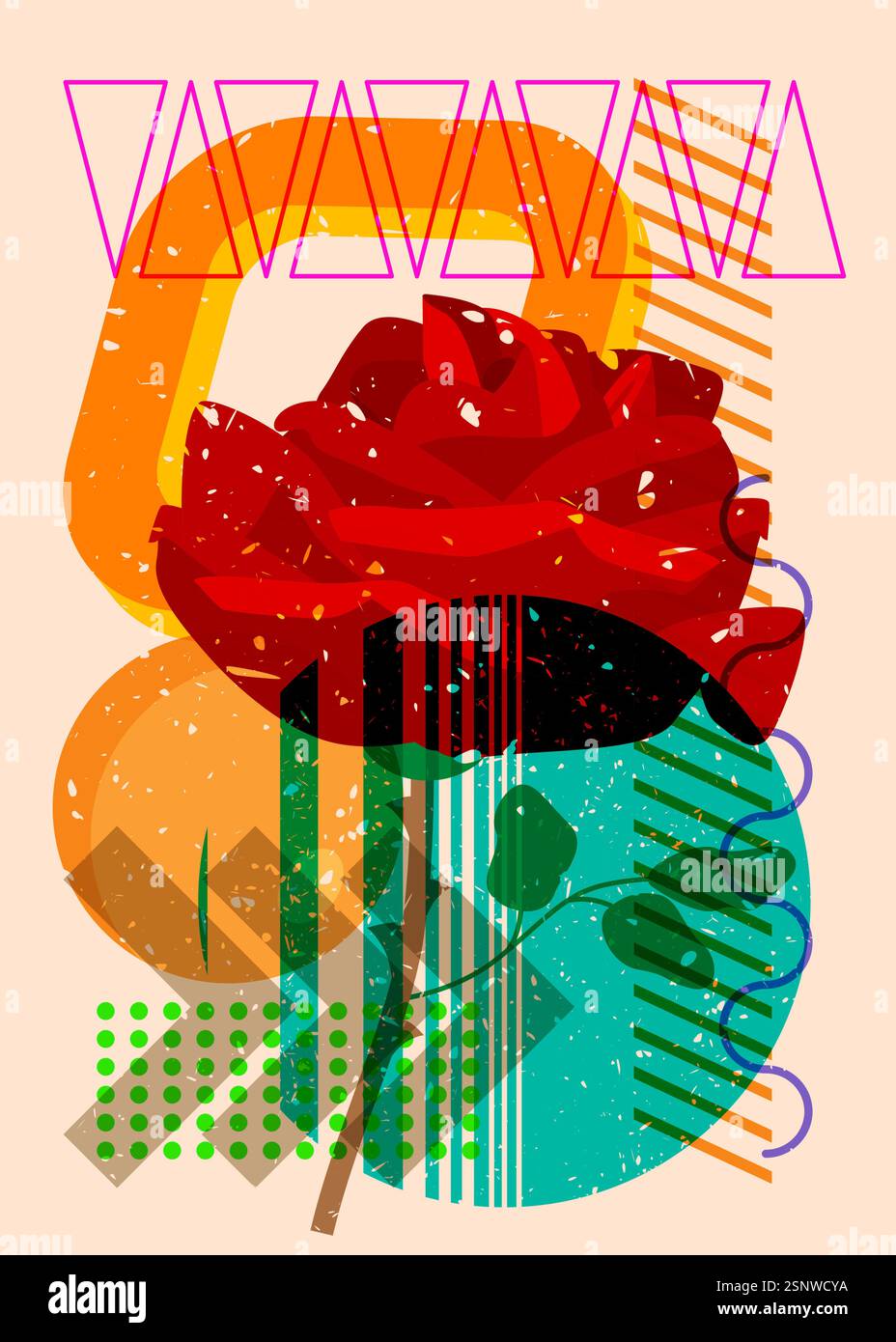 Risograph Rose with geometric shapes. Objects in trendy riso graph ...