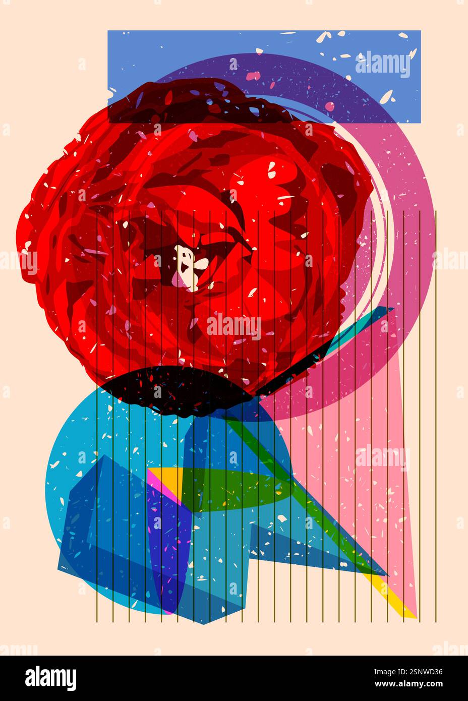 Risograph Rose with geometric shapes. Objects in trendy riso graph ...