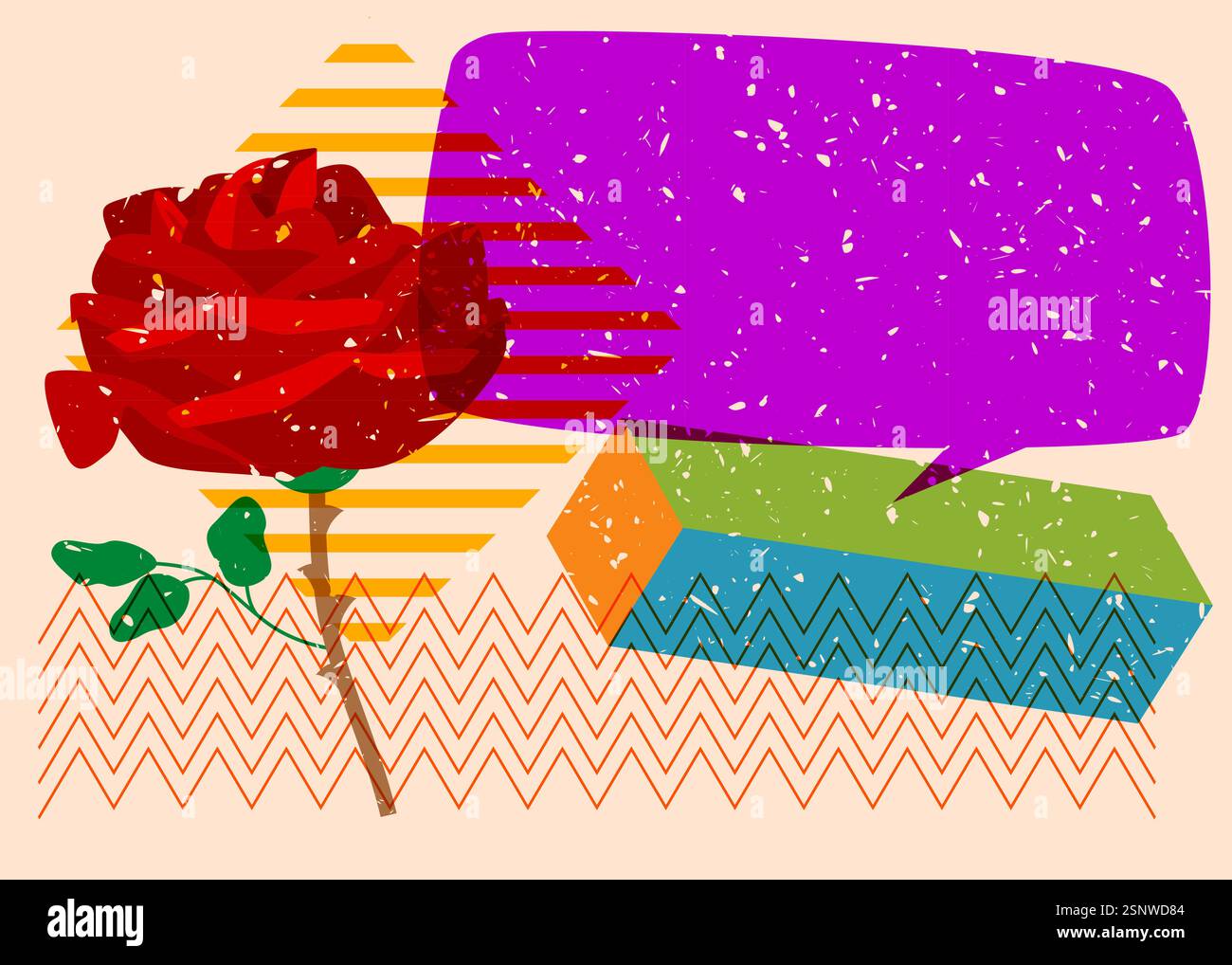 Risograph Rose with speech bubble with geometric shapes. Objects in ...