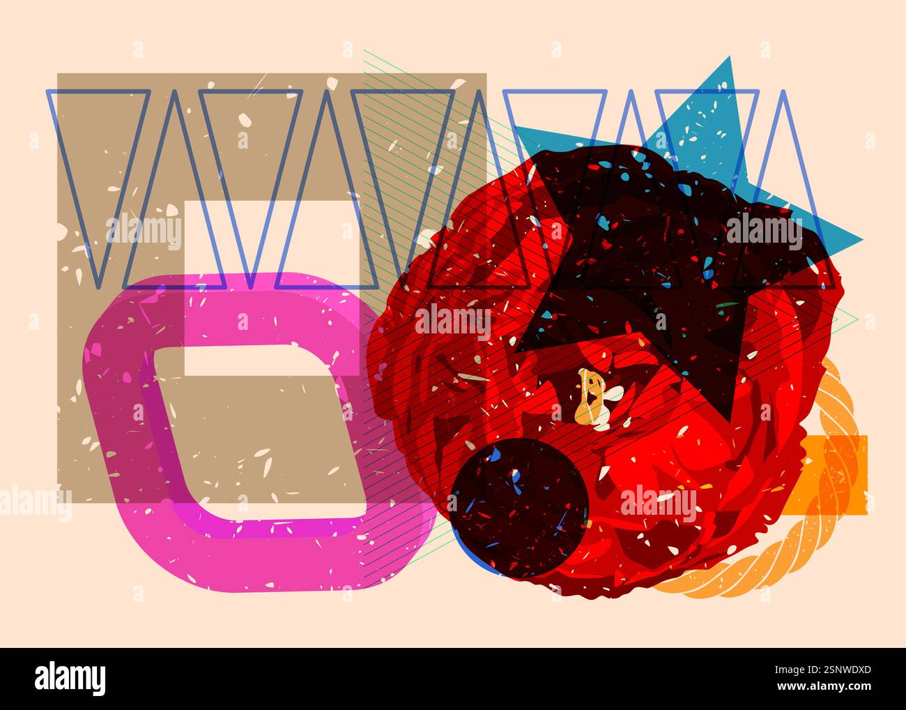 Risograph Rose with geometric shapes. Objects in trendy riso graph ...